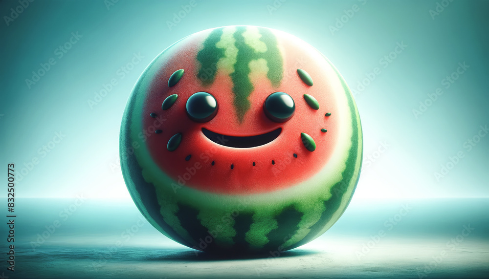 A cute, round watermelon with a happy face and big, shiny eyes, sitting ...