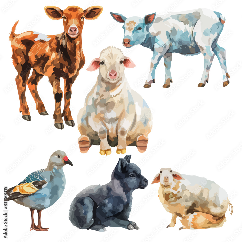 Watercolor drawing clipart of farm animals set, isolated on a white ...