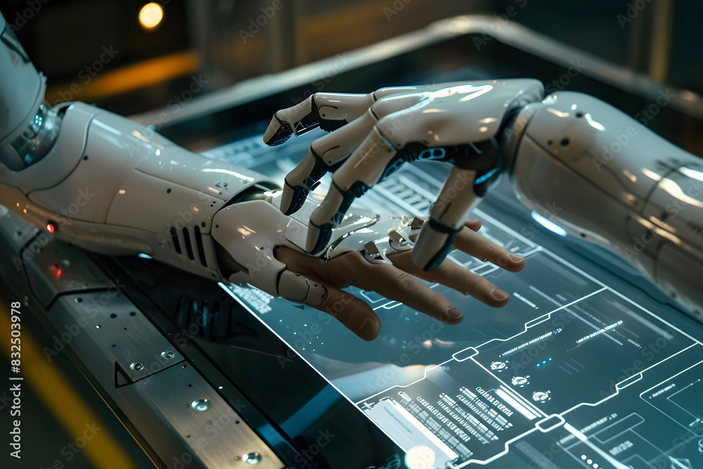 Robotic hand and a human hand connecting. Robotics and human-machine ...