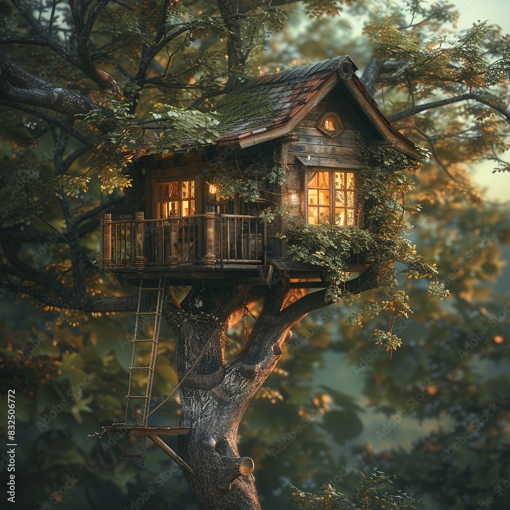 Discover a whimsical treehouse hidden among the foliage of a leafy tree ...