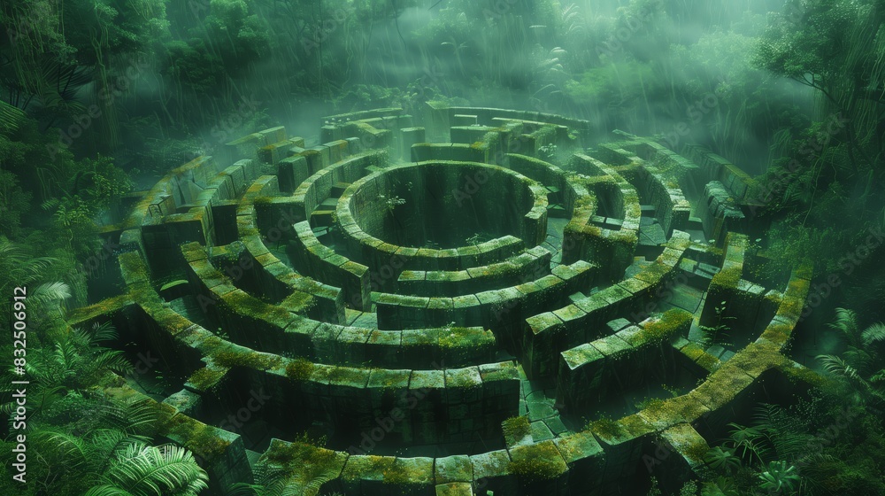 Ancient aztec labyrinth. Isometric view on circle ancient maze lost in ...