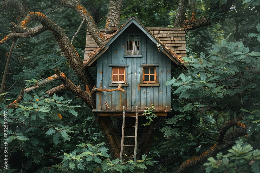 Discover a whimsical treehouse hidden among the foliage of a leafy tree ...