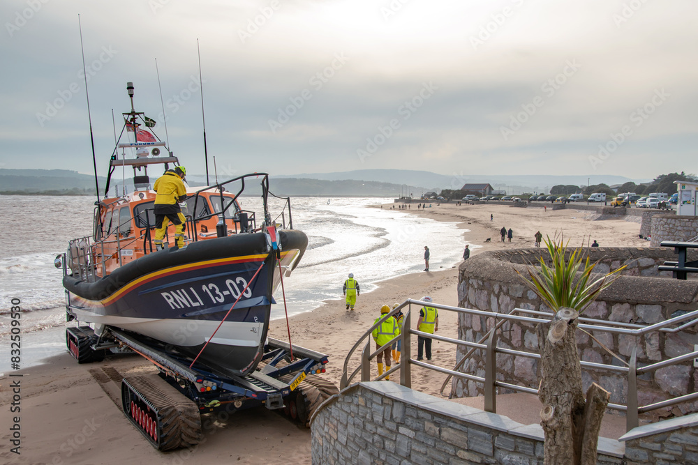 Exmouth, Devon, uk. 05-05-23. RNLI Lifeboat crew prepares to launch a ...