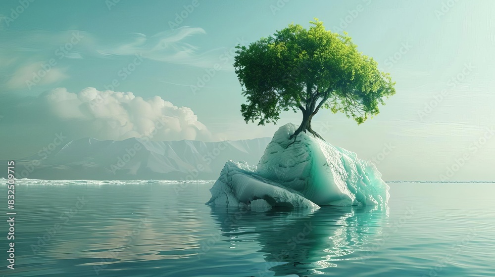 resilient green tree thriving on a solitary iceberg adrift at sea ...