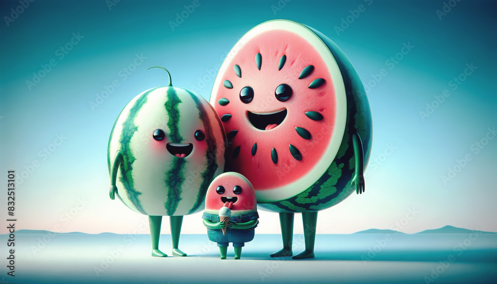 Three cute, smiling watermelon characters stand together on a blue ...