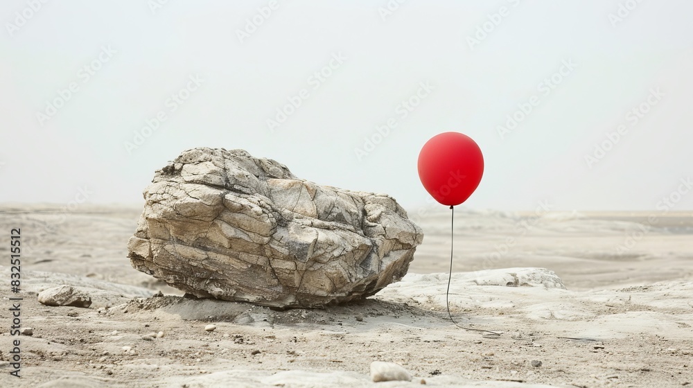 Red balloon and rock in a desert landscape for minimalist design Stock ...