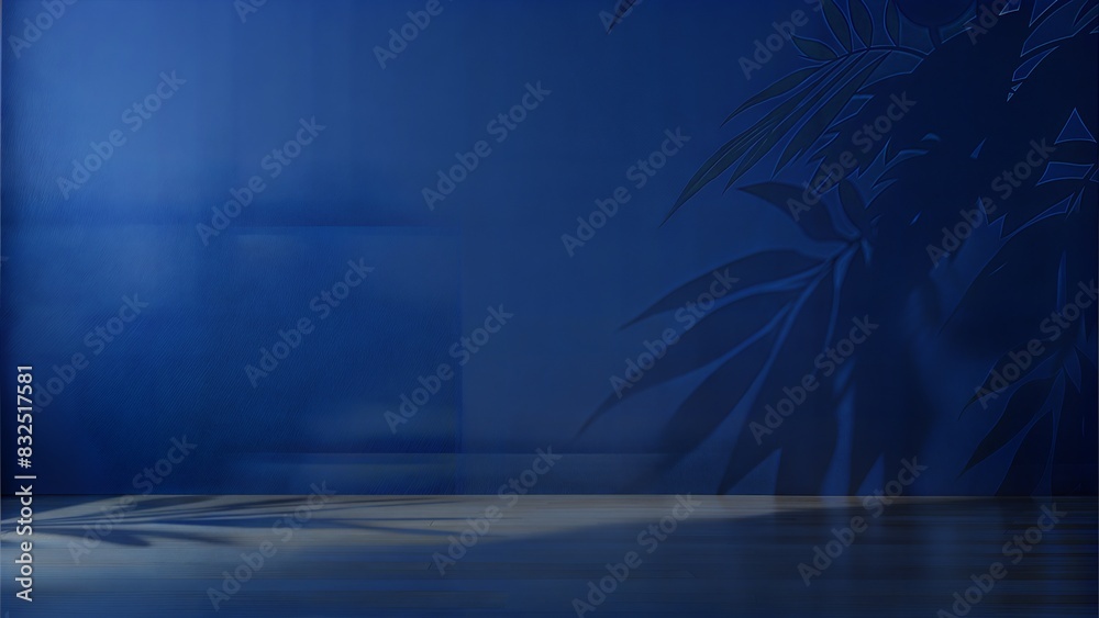 Navy Blue Wall Leaf Shadows: A deep navy blue wall and floor with ...