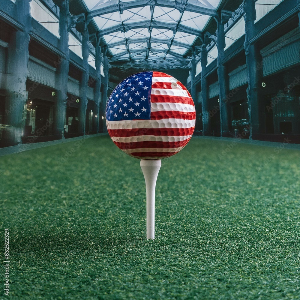 USA Flag Golf Ball on Tee in an Indoor Golf Stadium for Fourth of July ...