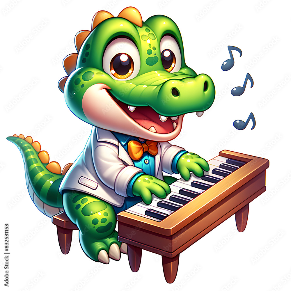 Cartoon illustration ( PNG 300 dpi ) , Crocodile is playing the piano ...