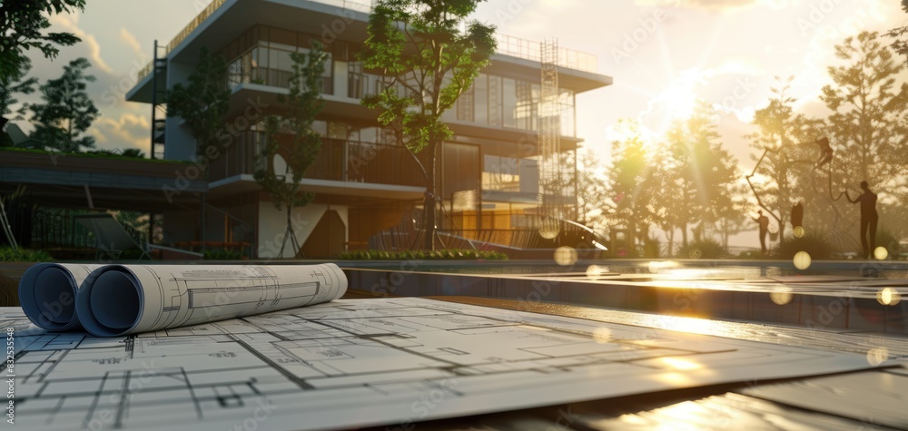 3D blueprints of a sustainable building project with architects ...