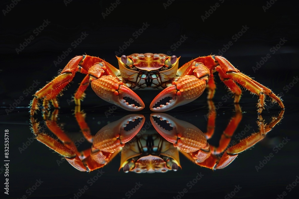 Image of a crab with its legs spread out and its reflection in the ...