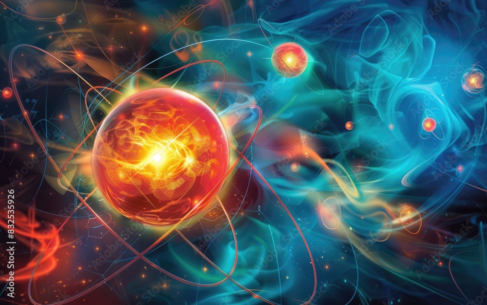 Detailed representation of electrons in orbit around a nucleus, showing ...