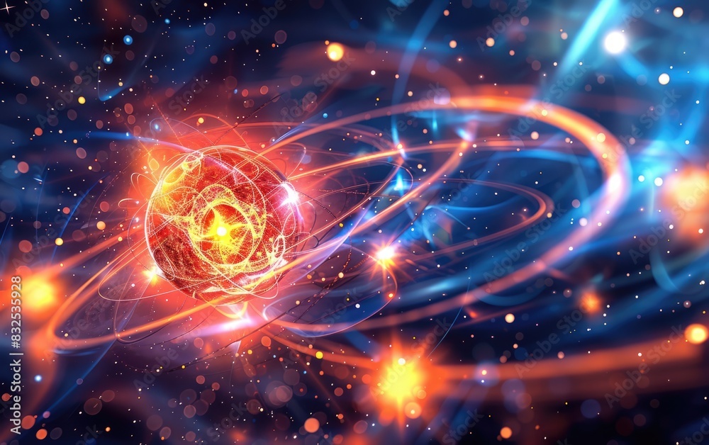 Detailed representation of electrons in orbit around a nucleus, showing ...