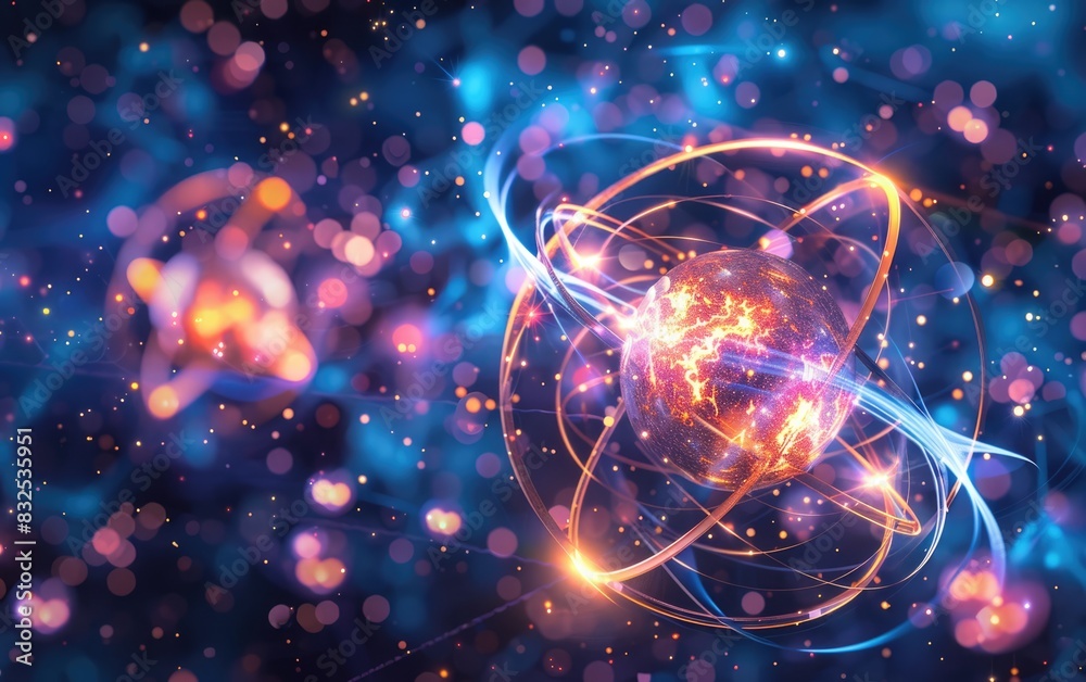 Detailed representation of electrons in orbit around a nucleus, showing ...