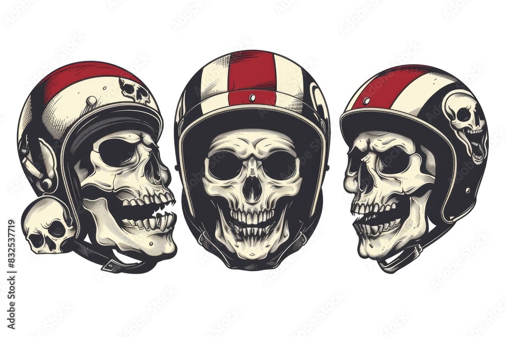 Three skulls wearing motorcycle helmets and helmets. Can be used for ...
