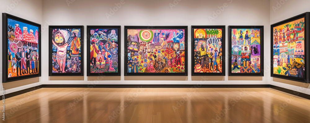 Multiple paintings in black frames, each showing an abstract, colorful ...
