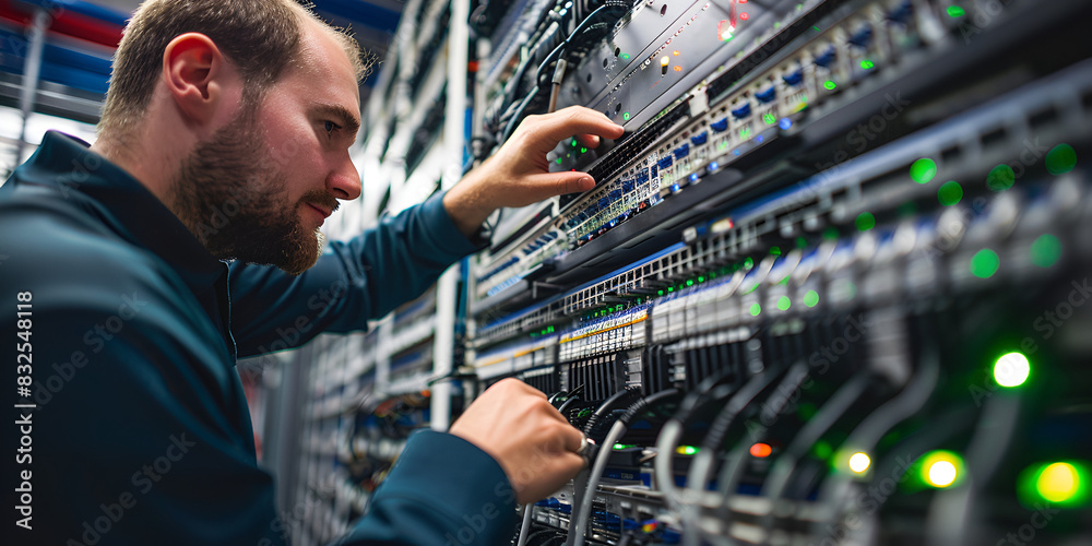 Man in server room network rack full of routers fixing the probems ...