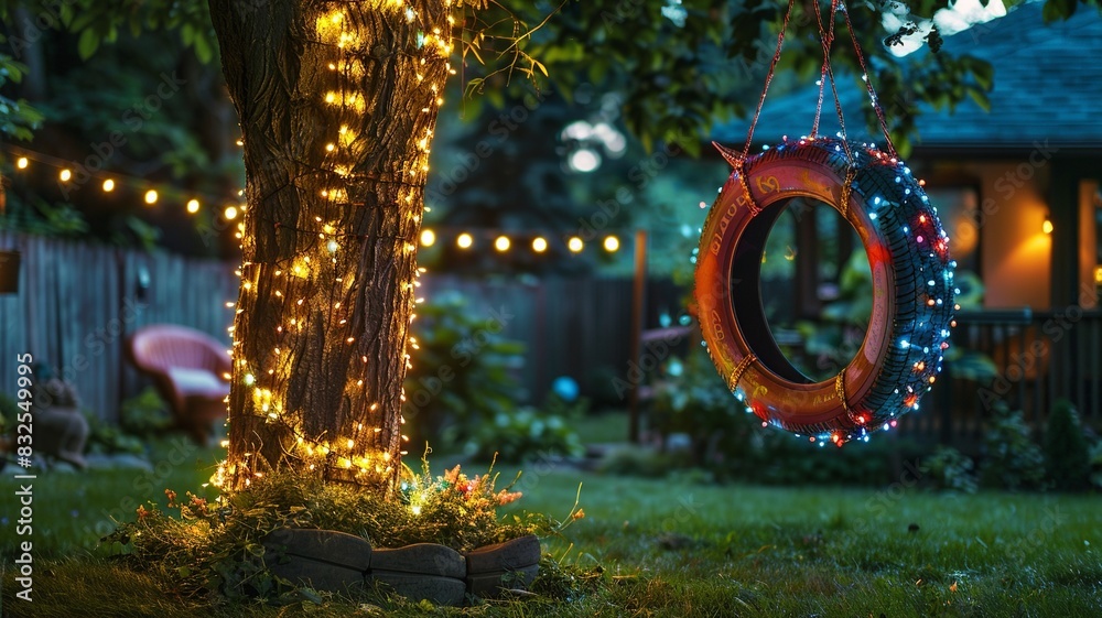 Experience the charm of a rustic tire swing suspended from a sturdy oak ...