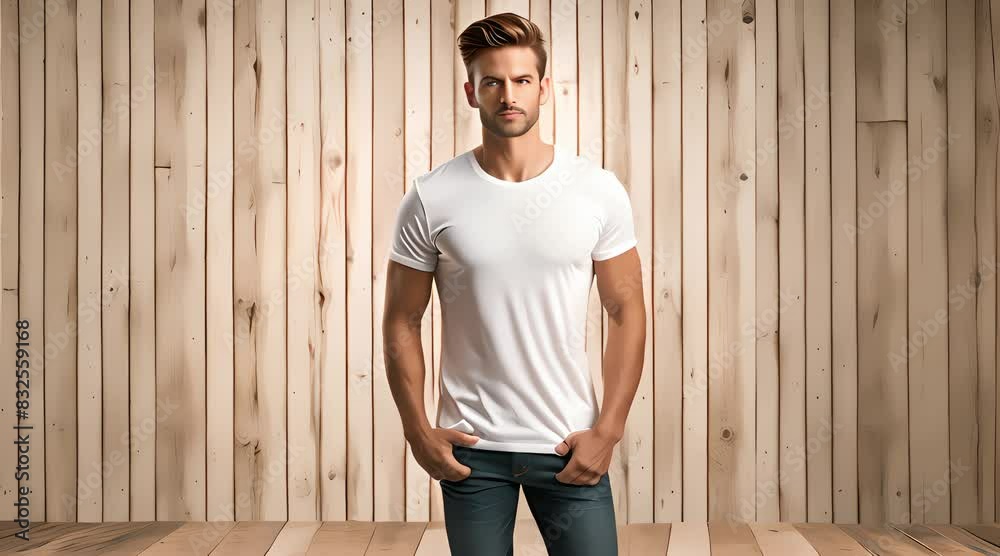 plain white t-shirt, with male model, front view studio photo mockup ...