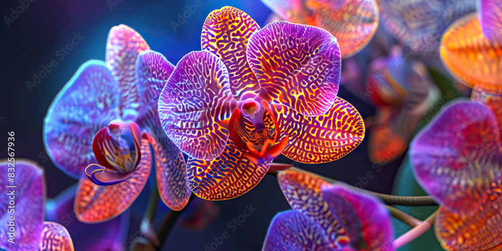 An orchid plant, its petals in various shades of purple, pink and white ...
