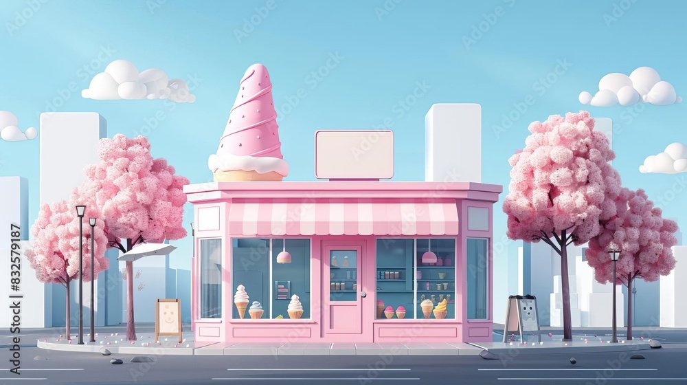 Modern ice cream shop flat design side view city Monochromatic Color ...