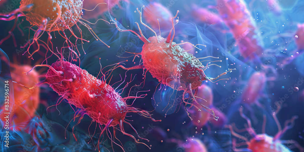 Bacterial Reproduction Cycle: Close-up view of bacterial cells ...