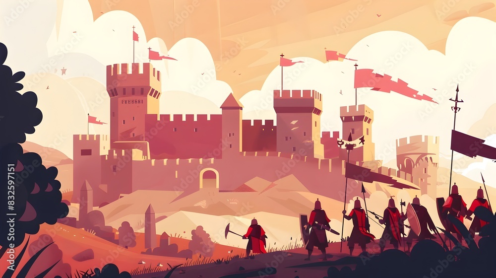 Illustrative Depiction of Fortified Medieval Castle Under Siege by ...