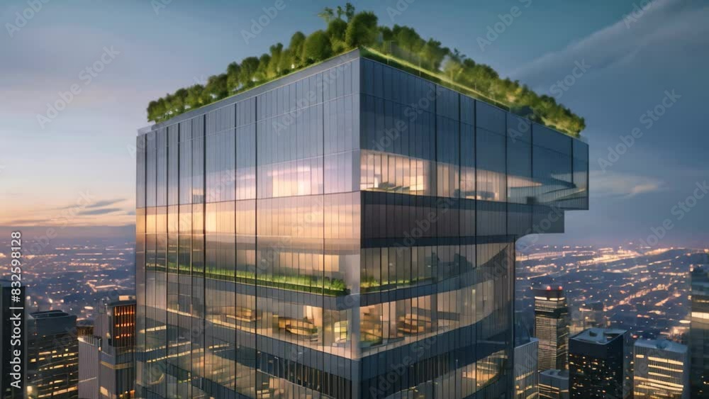 Tall building with glass walls and a green roof on top, showcasing ...