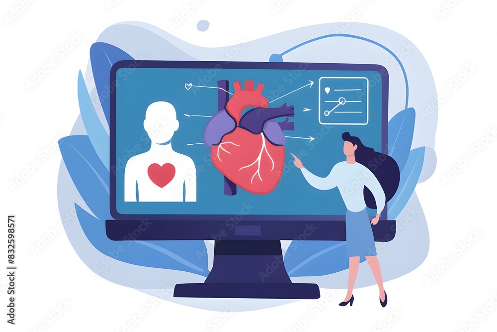 Medical presentation on computer monitor showing heart diagram, with ...