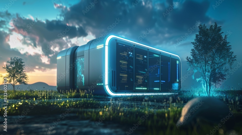A 3D rendering of a futuristic energy storage unit, featuring sleek ...