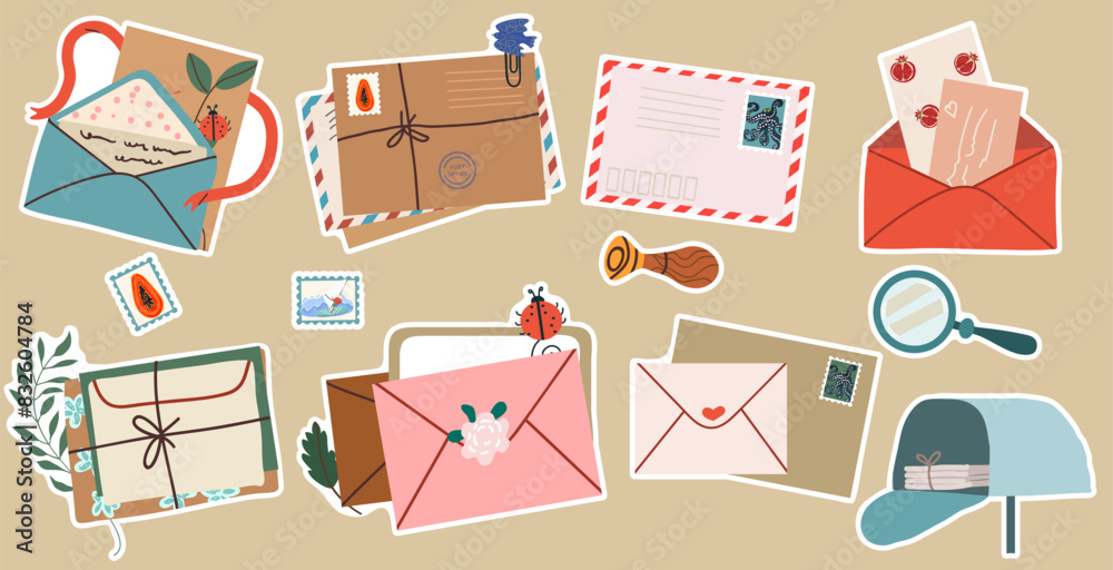 Mail envelopes sticker pack. Post cards, envelopes, post stamps, craft ...