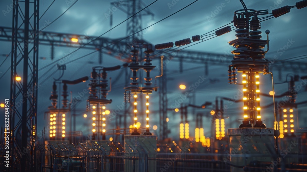 A low-angle shot of a power substation, with electrical insulators and ...
