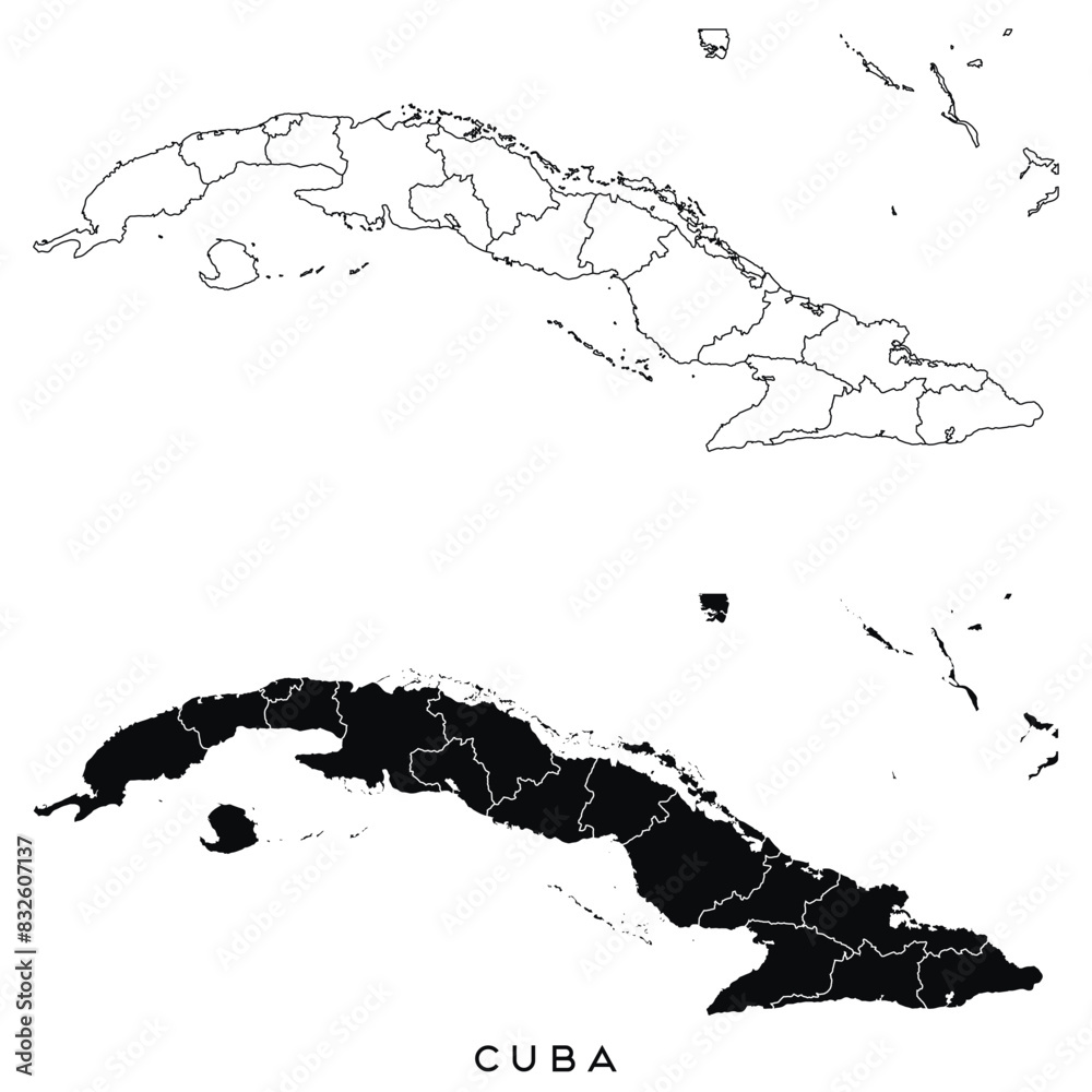 Cuba map of city regions districts vector black on white and outline ...