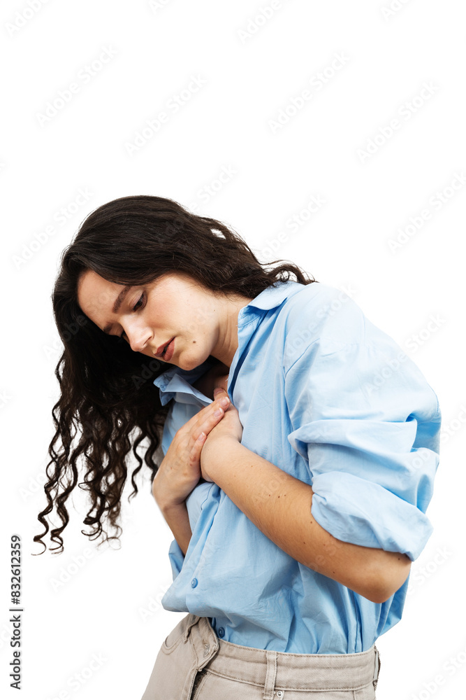 Foto de Attractive Woman Touches Her Hand to her Heart. Heart Attack Pain. CHD Coronary Heart ...