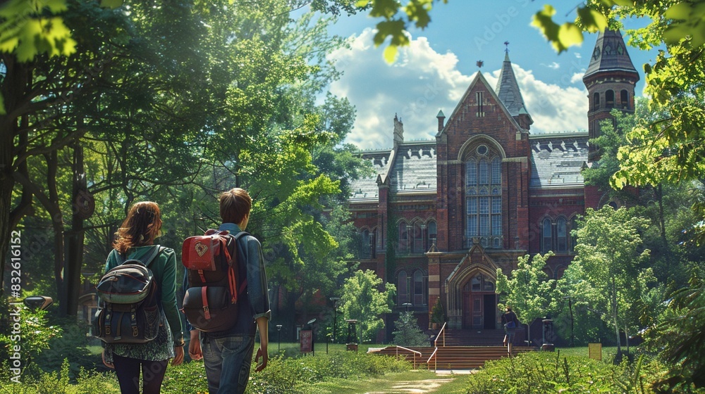 Students with backpacks walking towards a historic university building ...