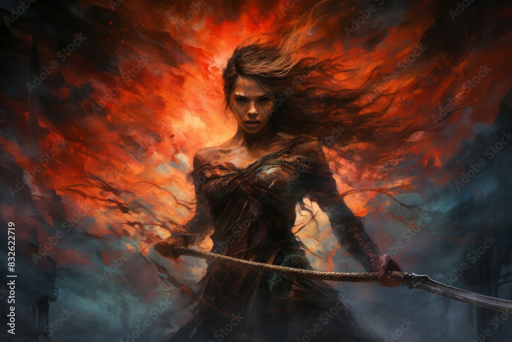 A fierce and fearless warrior woman, wielding a double-bladed axe and ...