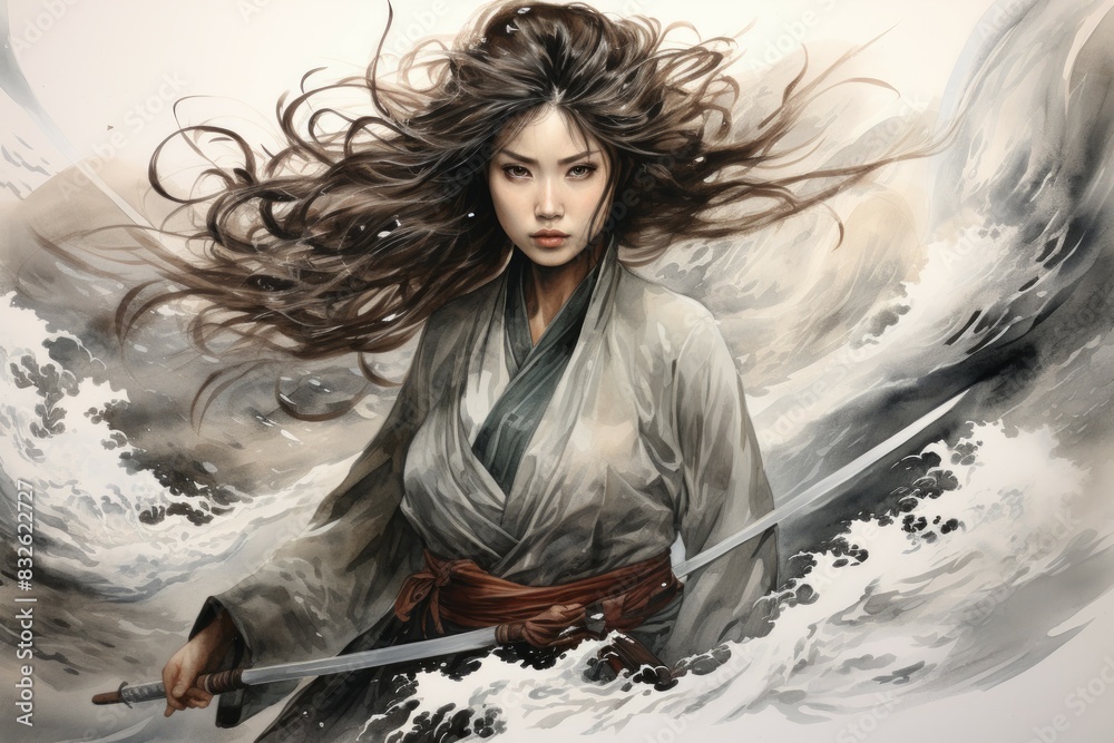 A fierce and fearless warrior woman, wielding a double-bladed axe and ...