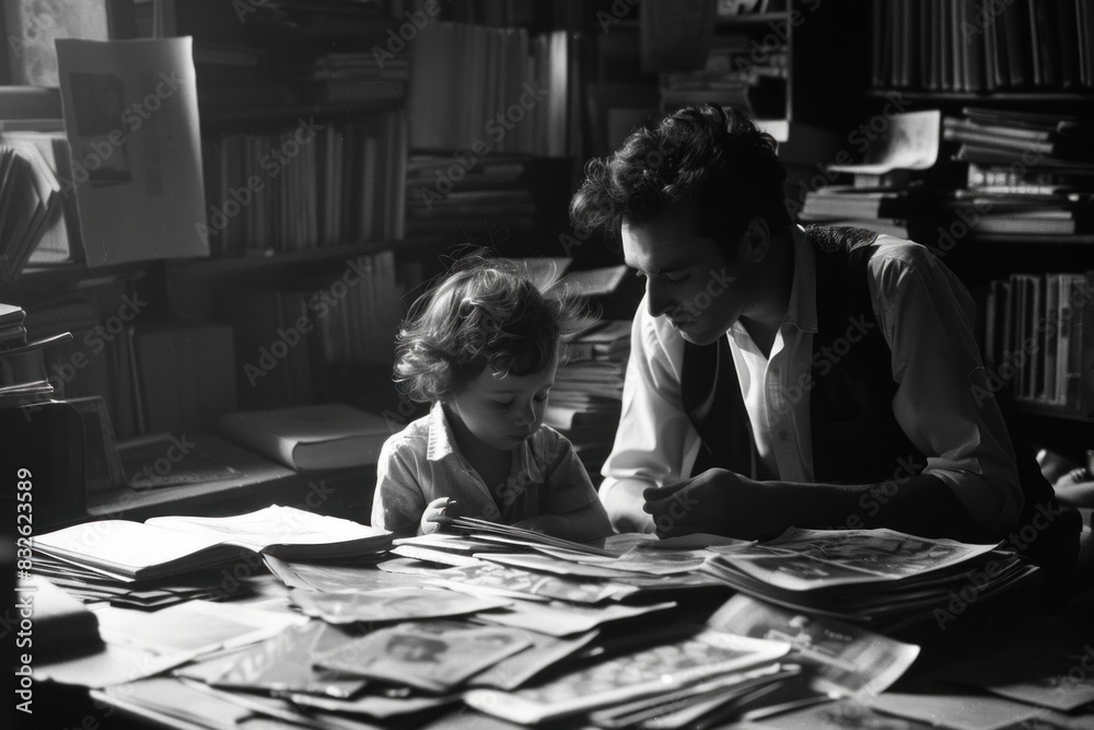 Through the lens of nostalgia, father and child flipped through photo ... Through the lens of nostalgia, father and child flipped through photo ...