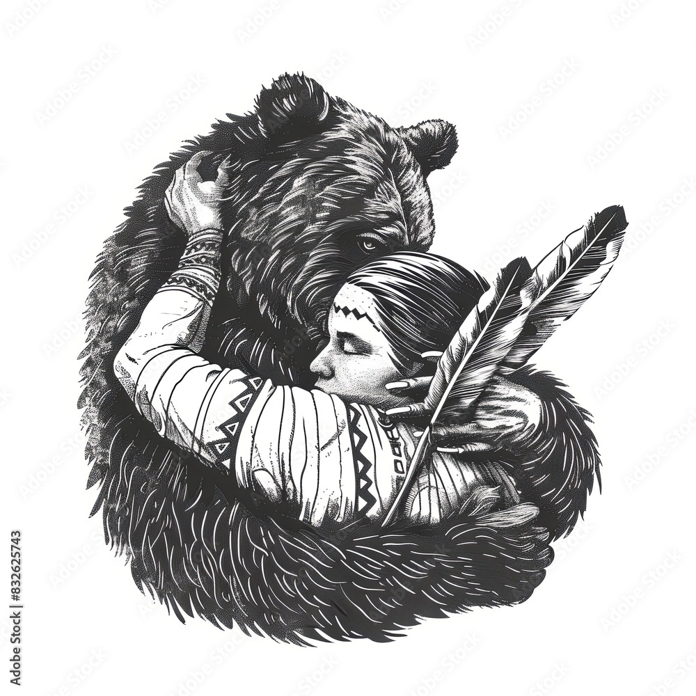 Indian woman hugging a huge bear. A druid and his animal friend ...