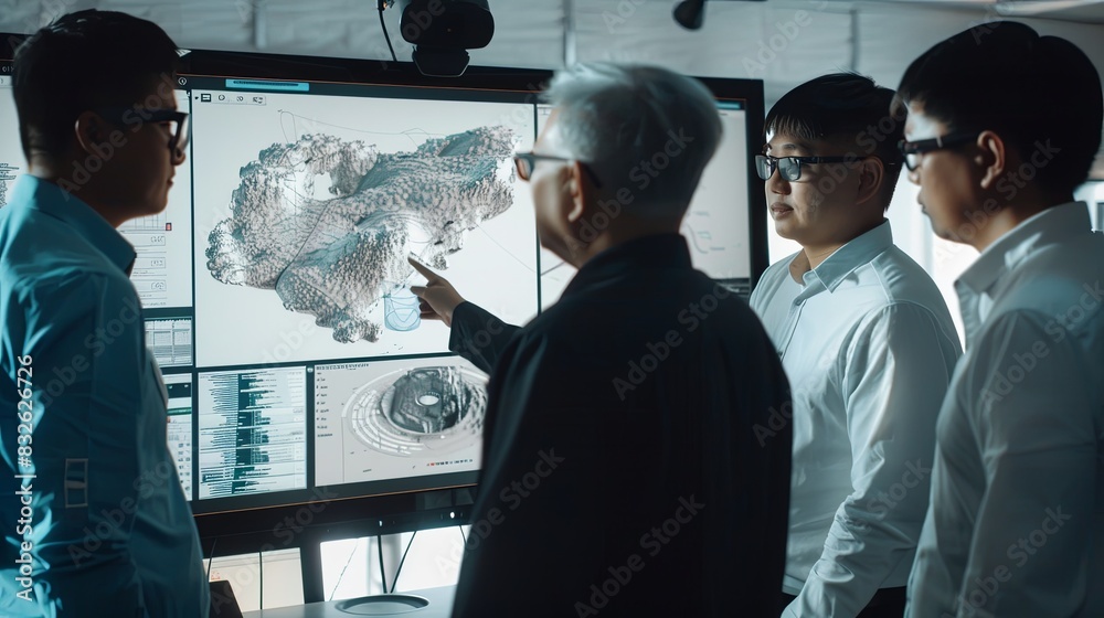 Scientists stand in front of an interactive display with a presentation ...