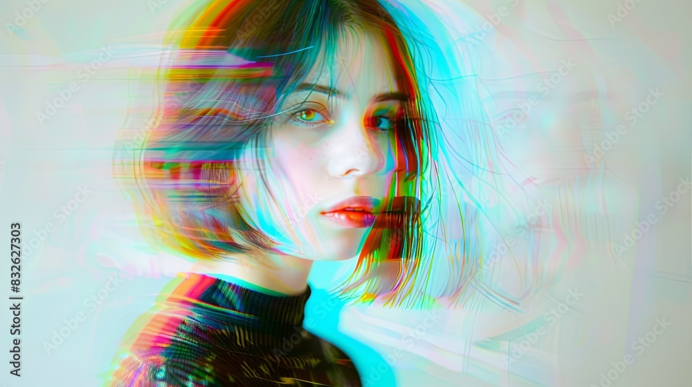 The woman's face is blurred, giving it a distorted look. Photorealistic ...