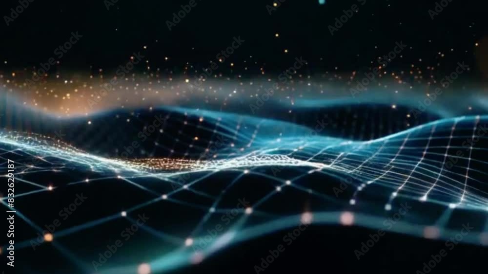 A grid of interconnected particles pulsing with waveforms, illustrating ...