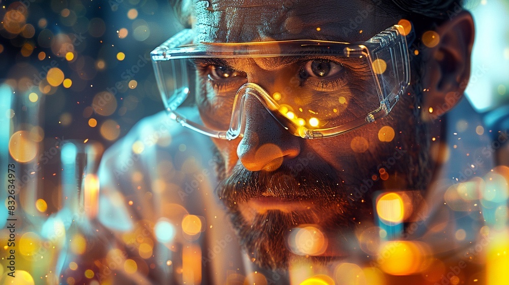 Man scientist with goggles, vibrant splashes and lab vials, innovative ...