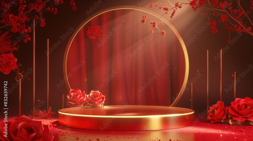 Red rose and candle podium stage romantic background. Wedding theme ...