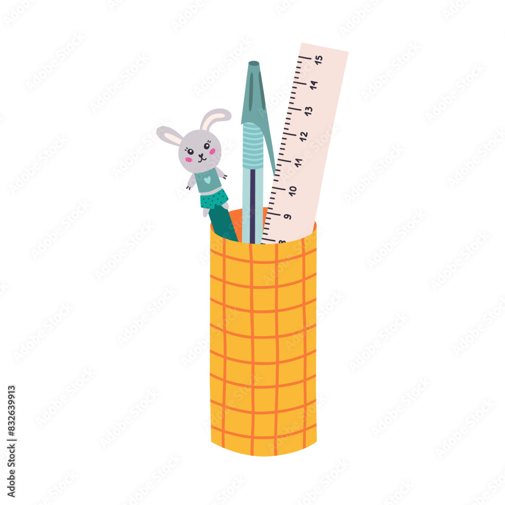 Cute hand drawn pencil cup with line checkered pattern. Cartoon ...