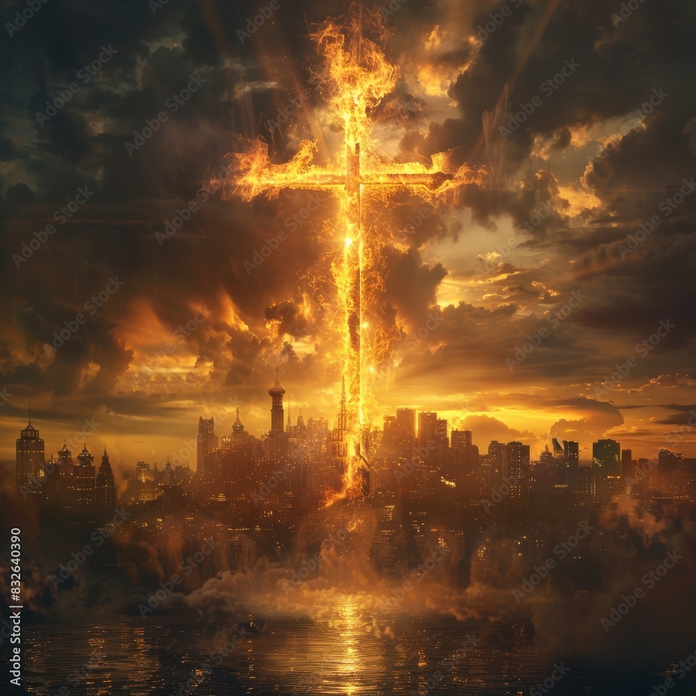 A burning Christian cross is placed against the background of a ...