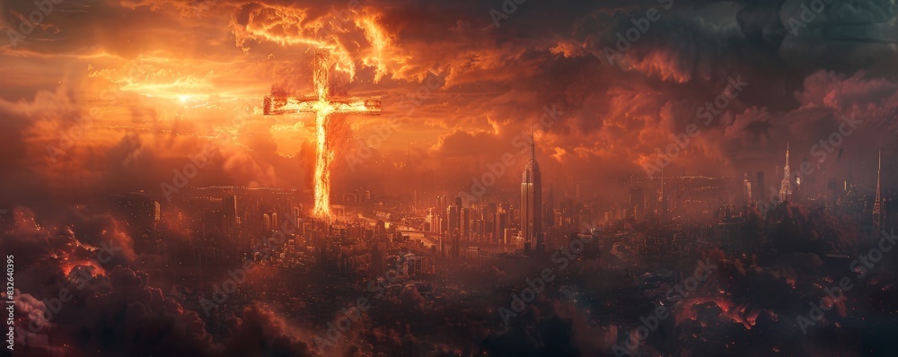 A burning Christian cross is placed against the background of a ...