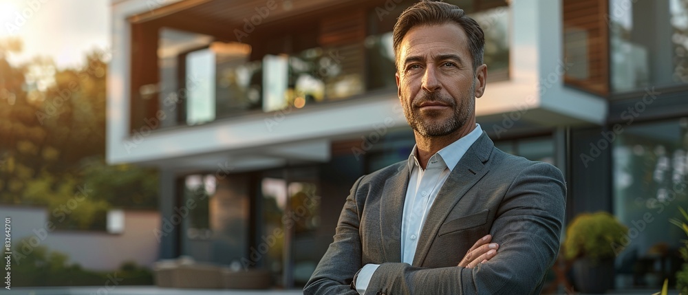 Portrait of an agent in front of a modern house, bright and ...