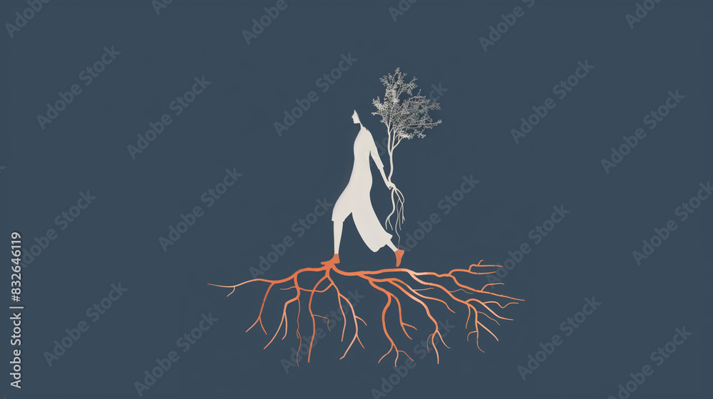 An illustration of a person with roots in the ground and leaves ...