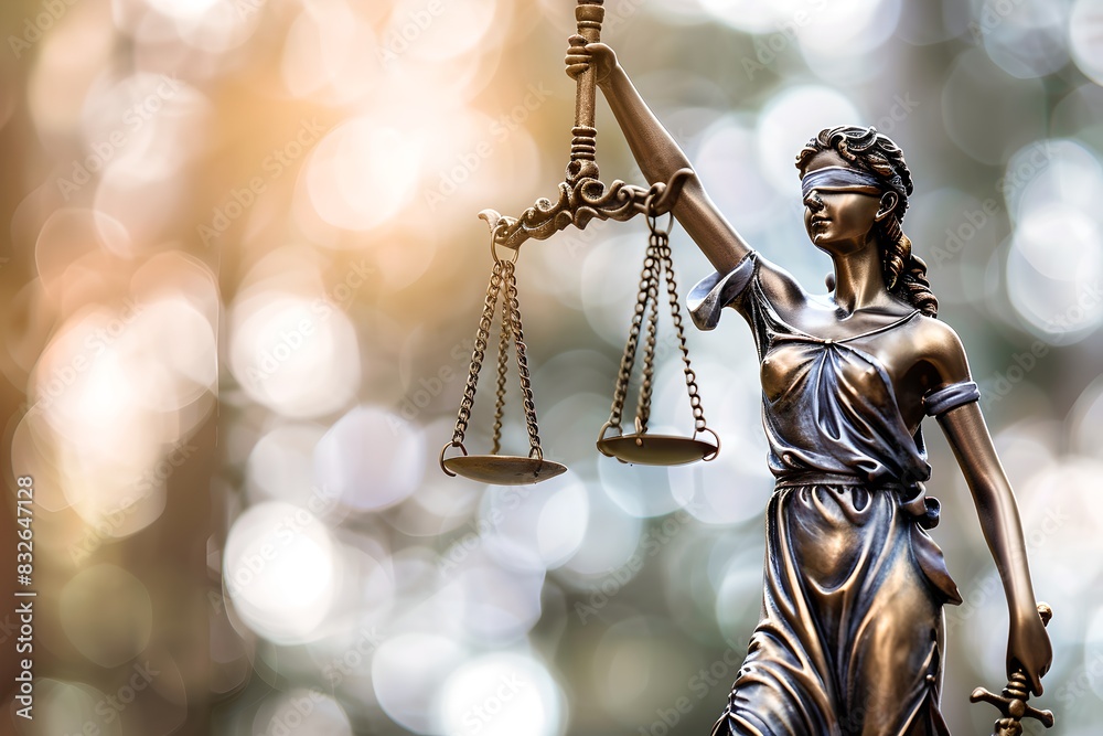 Lady Justice statue with scales under sunlight. Represents law. Beautiful bokeh background ...